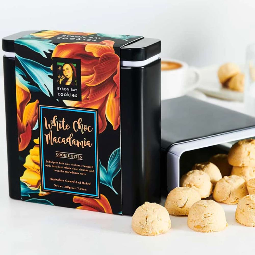 White Choc Macadamia Cookie Tin | Byron Bay Cookies